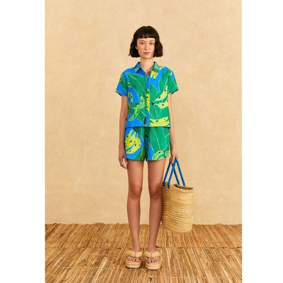 FARM Rio | Tops | Farm Rio Anthropologie Blue Banana Leaves Shirt ...